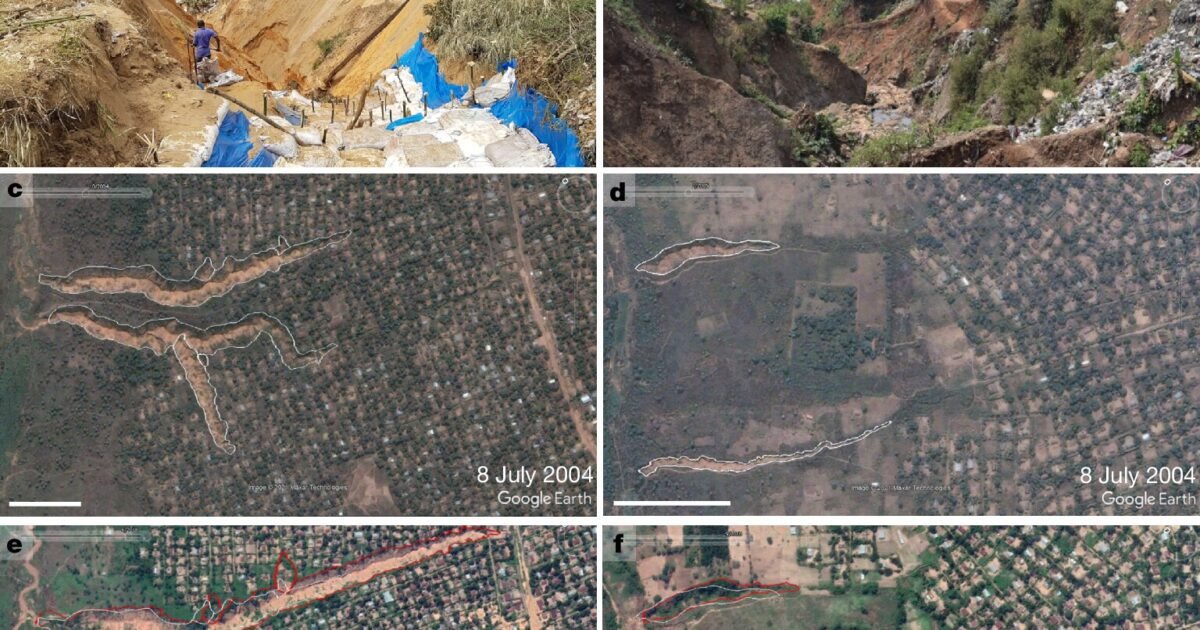 De toenemende dreiging van enorme ravijnen die straten en huizen ...